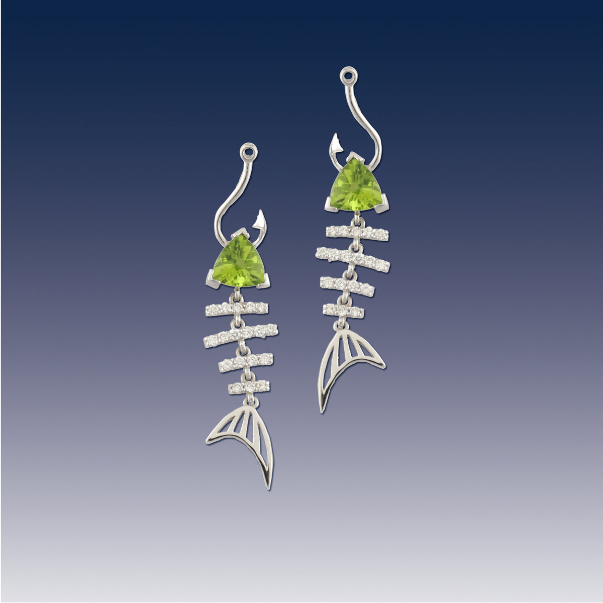 Bone fish earrings - gold and diamond fish earrings with peridot ...